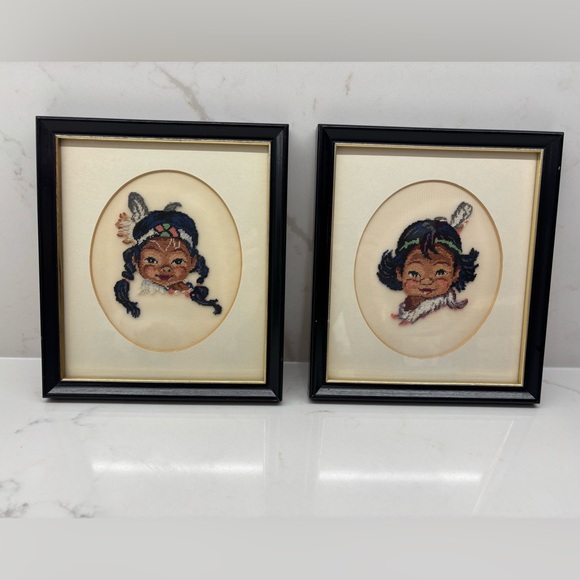 Art | Vintage Framed Petit Point Needlepoint Boy And Girl Portrait ...